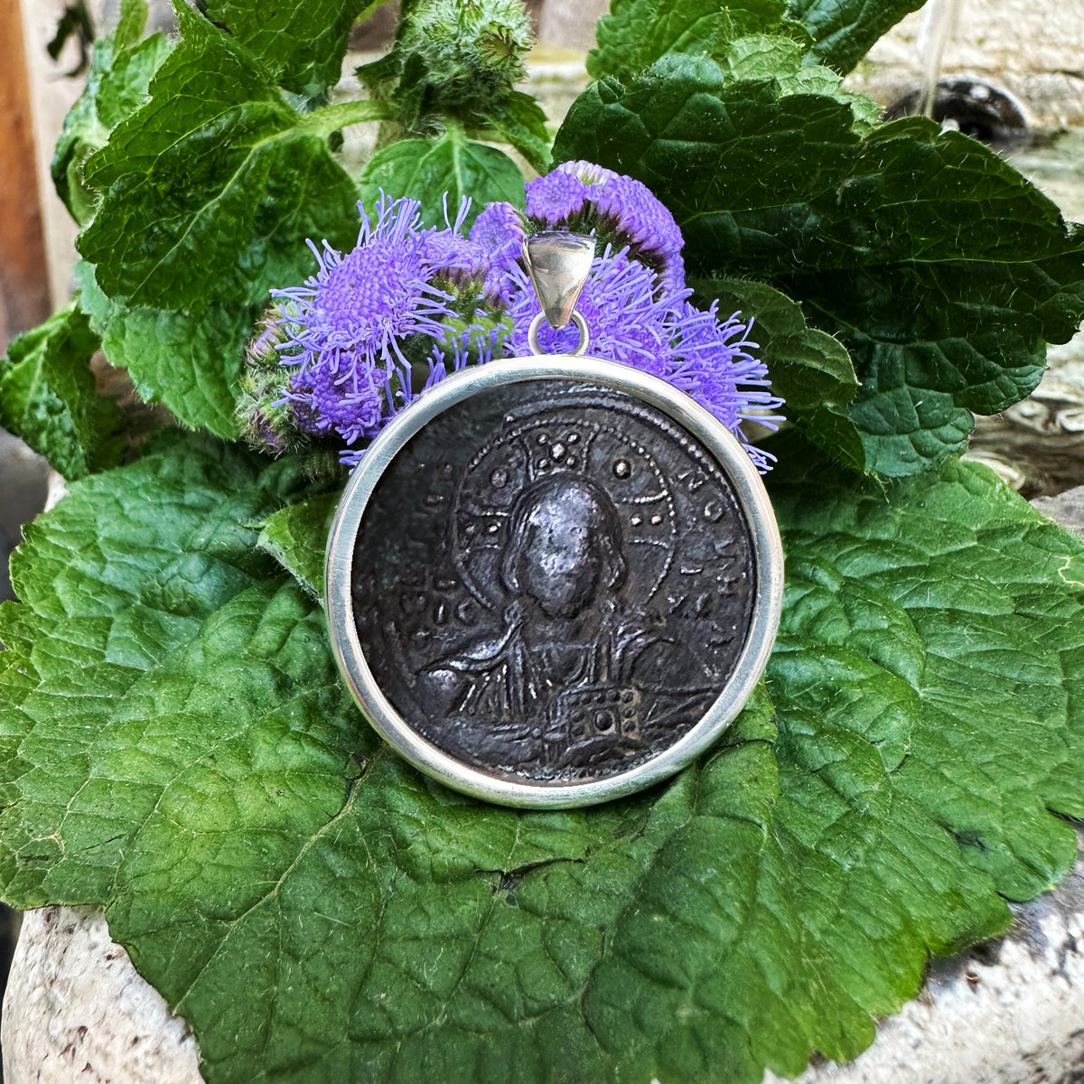 JESUS CHRIST Genuine Ancient Byzantine Bronze Coin Silver Pendant;"Jes ...