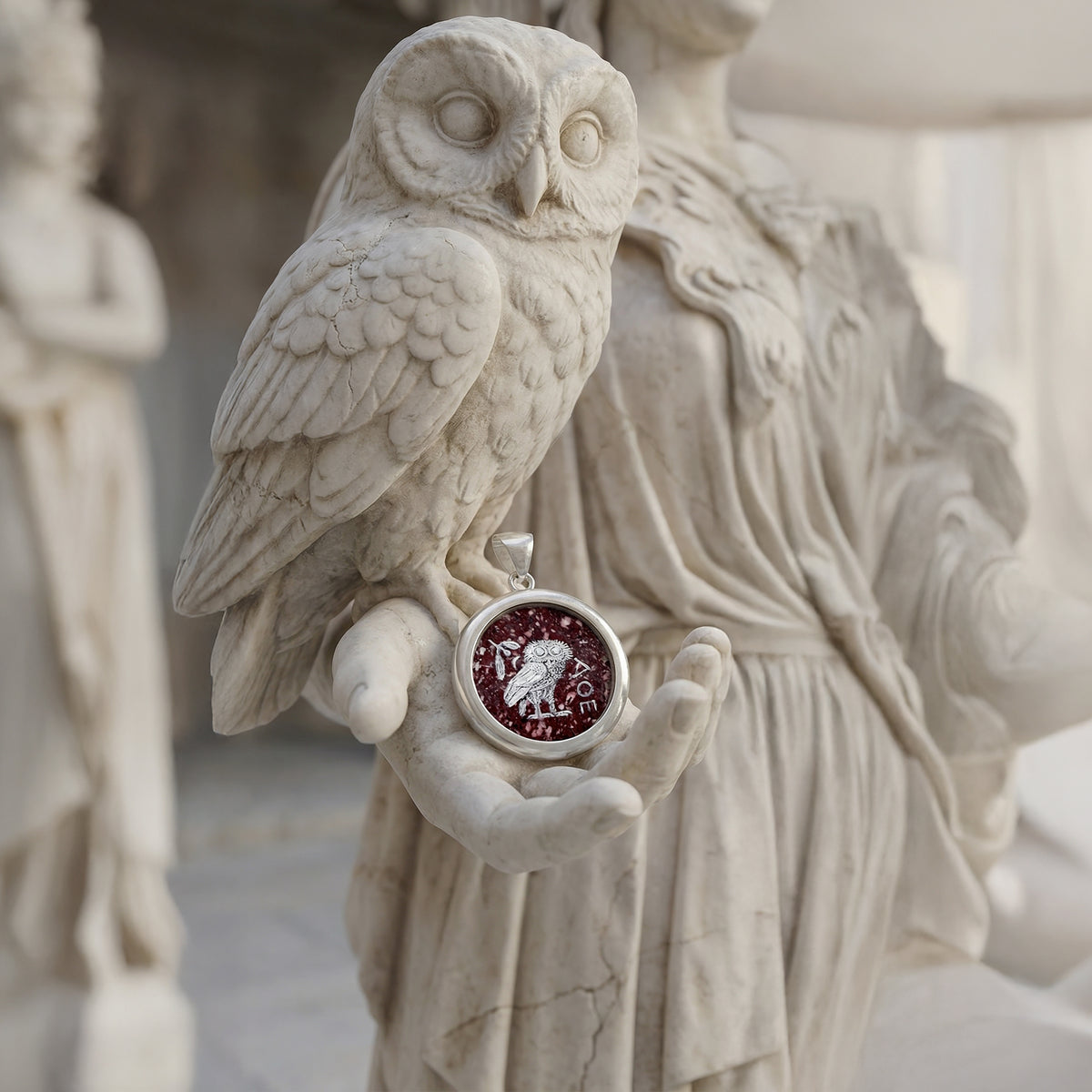 ATHENA'S OWL Hand-Painted Silver Pendant on Roman Red Porphyry – Serra Roma