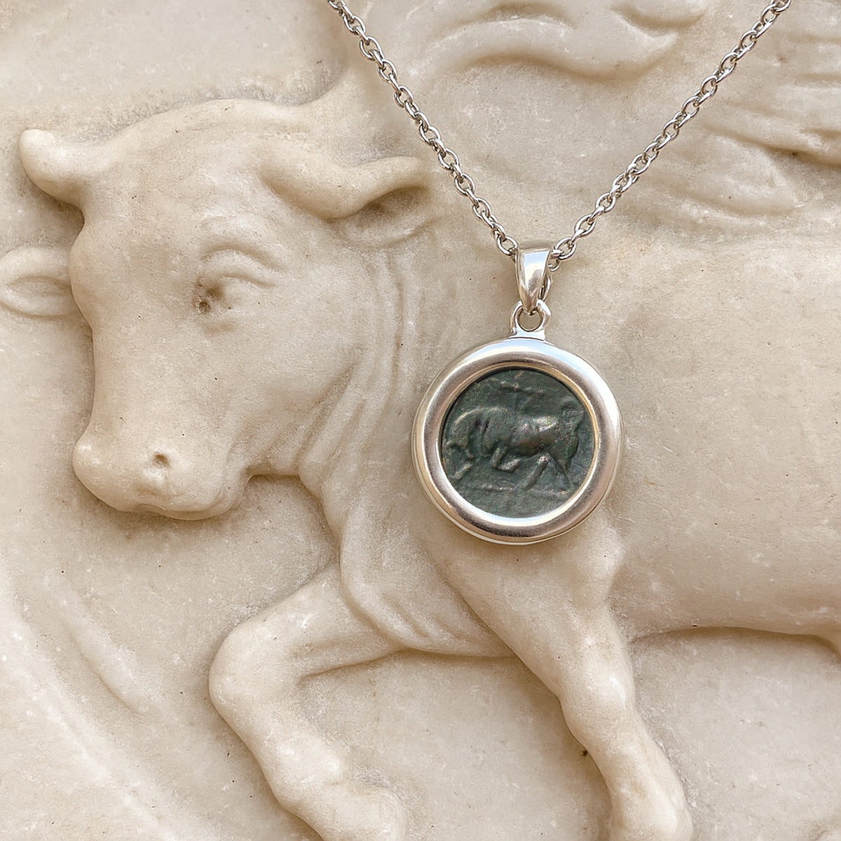 BULL Genuine Ancient Greek Bronze Coin 3rd cent BC Silver Pendant ...