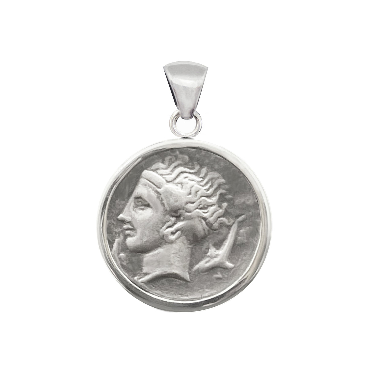 Genuine Greek silver coin pendant depicting the Nymph Arethusa with do ...
